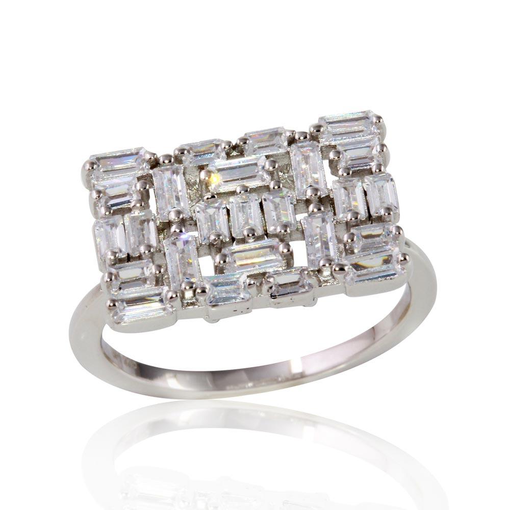 Silver 925 Rhodium Plated Rectangle Shape Ring with Rectangle CZ ...