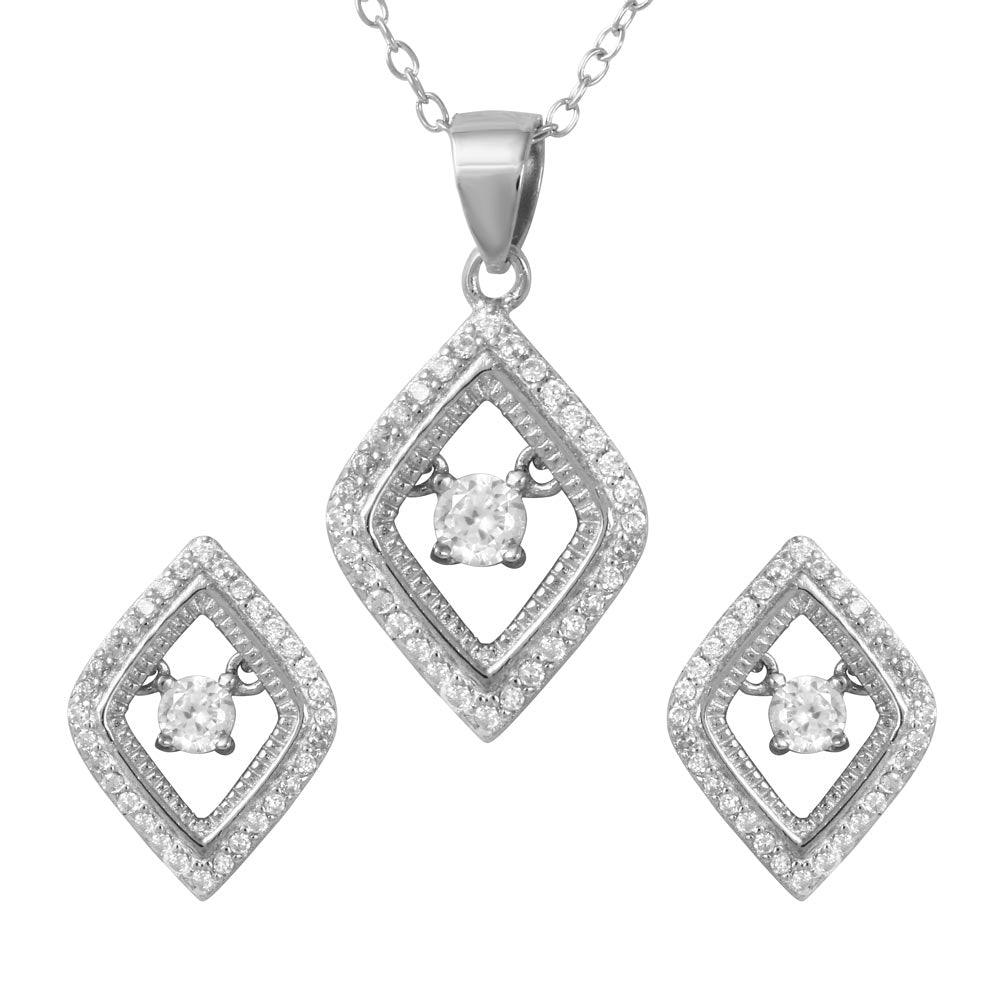 Silver 925 Rhodium Plated Open Diamond Shaped Set with Dangling Round ...