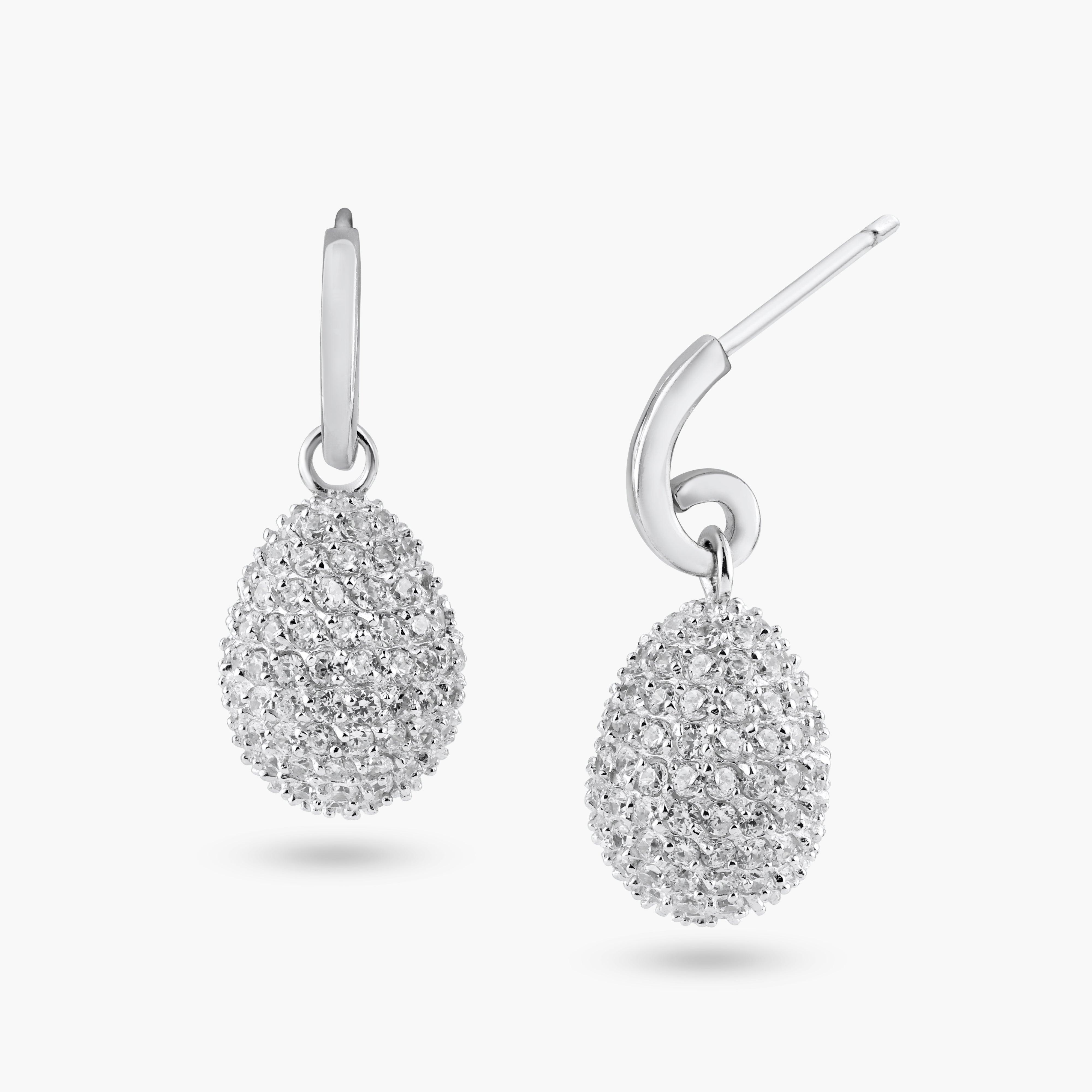 Silver 925 Rhodium Plated Oval Disco Ball Pear CZ Dangling Stud ...