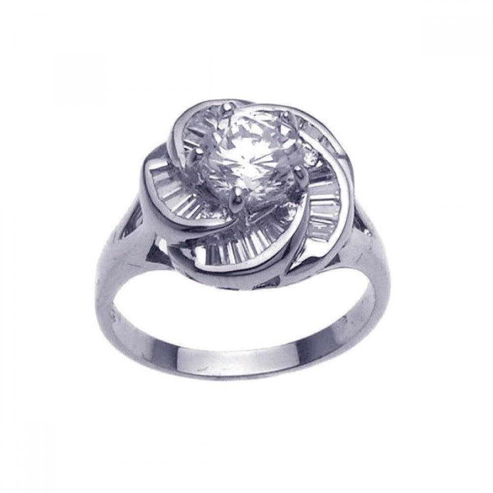 Silver 925 Rhodium Plated Clear Center CZ Spiral Flower Bridal Ring ...