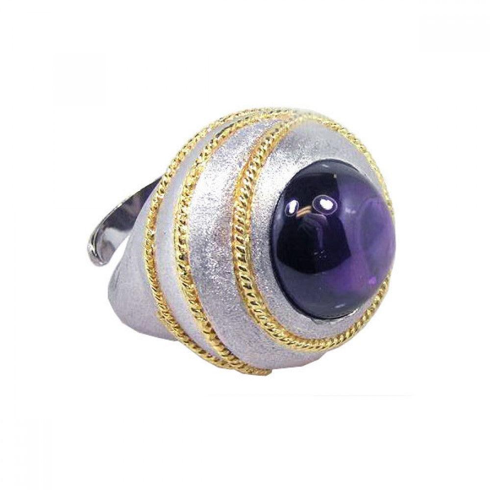 Silver 925 Rhodium With Gold Plated Rope Purple Amethyst Dome Ring ...